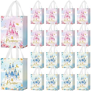 Locmeo 24 Pcs Prince and Princess Party Favor Bags with Handles Reusable Non Woven Castle Candy Goodie Bags Treat Blue Prince Pink Princess Gift Bag for Girl Boy Birthday Baby Shower, 8 x 4 x 10 Inch