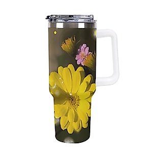 LLUTSNTH 40 Oz Vacuum Tumbler with White Handle Leakproof Insulated Tumbler Yellow Butterfly And Flower Stainless Steel Travel Mug with Lid And Straw Coffee Cup Cute Water Bottles Cup Holder Friendly
