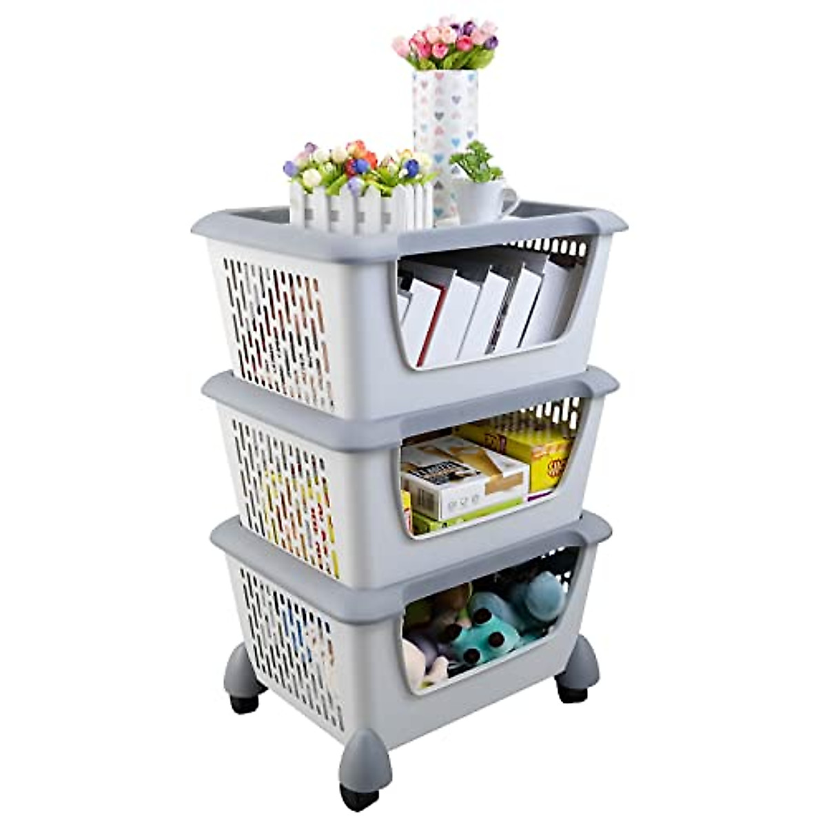 Vcansay 3 Tiers Plastic Large Stacking Organizer Baskets with Lid, Plastic Stacking Bins with Wheels