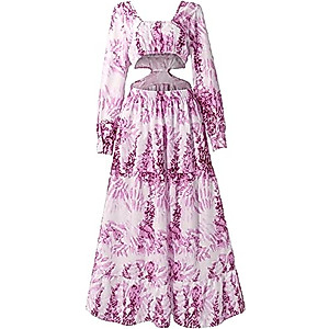 LYANER Women's Print Deep V Neck Puff Long Sleeve Cut Out Side Flowy Long Dress Pink Medium
