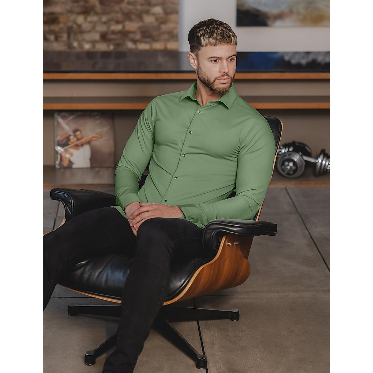 URRU Men's Muscle Dress Shirts Slim Fit Stretch Long Sleeve Casual Button Down Shirts Army Green L