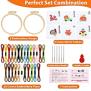 ZOIIWA 6PCS Fall Cross Stitch Kits for Beginners Autumn DIY Embroidery Kit for Kids Adults Fall Thanksgiving Gift Turkey Pumpkin Maple Leaf Truck Squirrel Scarecrow Craft Needlepoint Starter Supplies