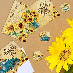 Whaline 36 Pack Sunflower Thank You Cards Vintage Spring Summer Flower Truck Notes with Stickers Envelopes Retro Floral Blank Cards for Baby Shower Wedding Birthday Bridal Shower Party