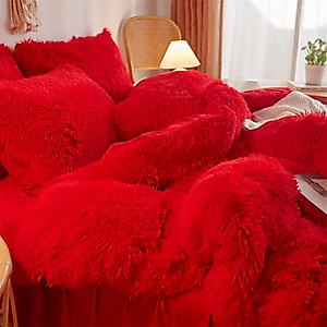 HAIHUA Fluffy red Comforter Cover Set Queen，Faux Fur red Bedding 3 Pieces(1 Plush Queen Duvet Cover +2 Faux Fur Pillowcases) Faux Fur red Bed Set (red, Queen)