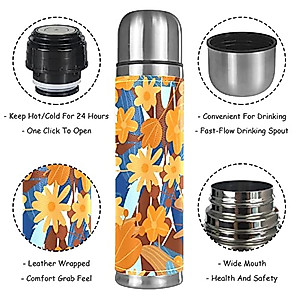 Stainless Steel Leather Vacuum Insulated Mug Flower Thermos Water Bottle for Hot and Cold Drinks Kids Adults 16 Oz