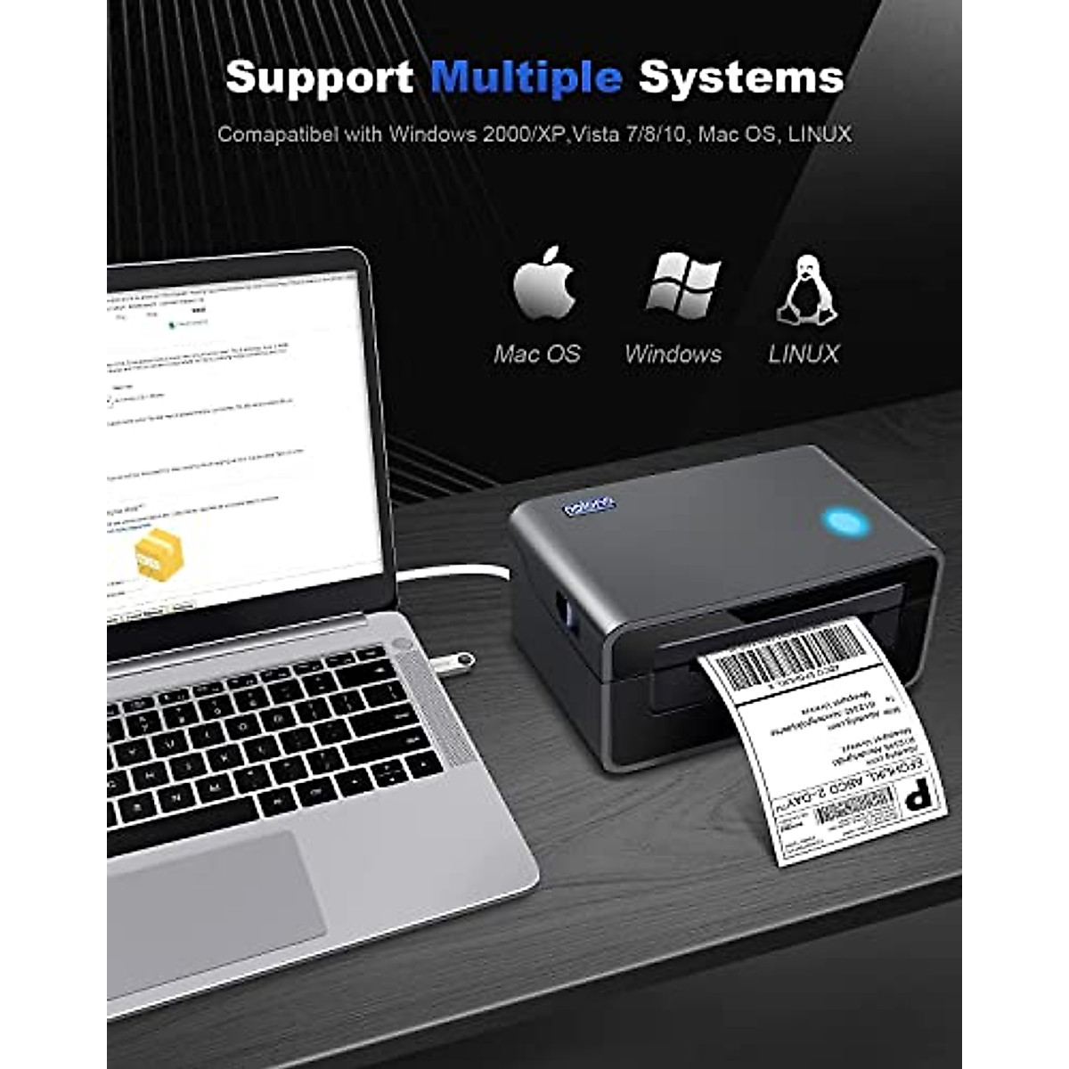 POLONO Shipping Label Printer Gray, 4x6 Thermal Label Printer for Shipping Packages, Commercial Direct Thermal Label Maker, Shipping Label, 4 x 6 Direct Thermal Labels, 220 Labels × 4 Rolls