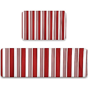 Kitchen Rugs and Mats 2 Pieces,Abstract Red and White Striped Candy Cane Pattern Christmas,Cushioned Anti-Fatigue Comfort Mat Waterproof Non Slip Standing Runner Rug Set