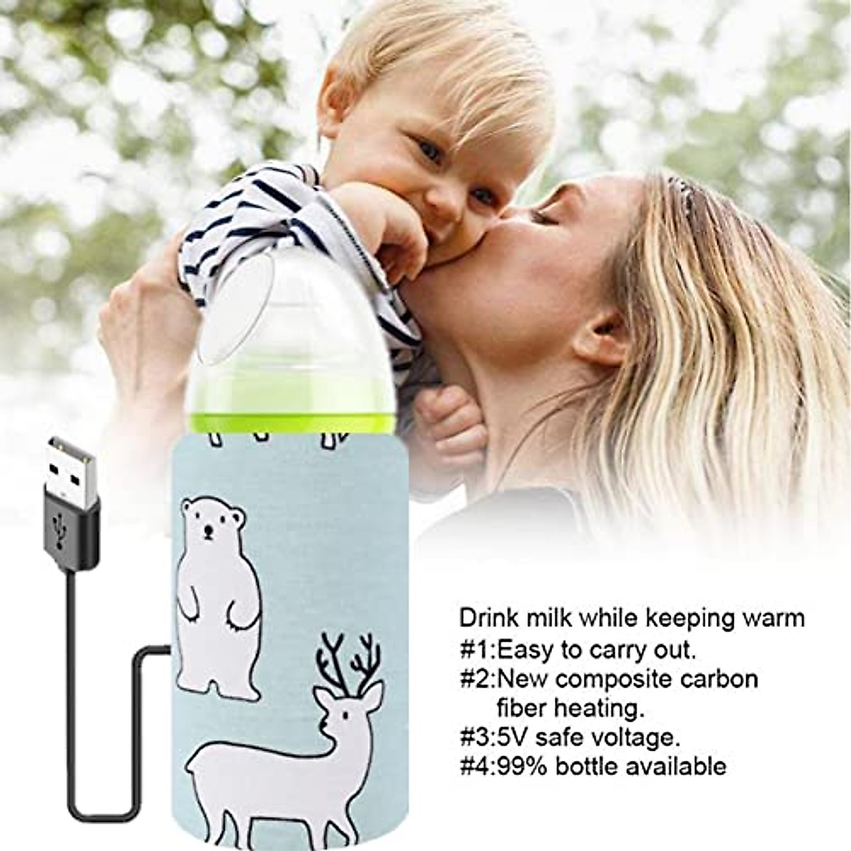 Hilitand Portable Bottle Keep Warm, USB Travel Milk Heat Keeper, Baby Bottle Keep Warmer for Car Tavel, Storage Cover Insulation Thermostat(Bear)