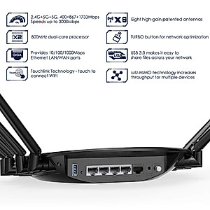 WAVLINK AC3000 Smart Wi-Fi Router for Home,MU-MIMO Tri-Band Wireless Interent Gigabit Router,High Speed WiFi Range Extender with Touchlink,4K Streaming/Gaming（Ethernet Ports,Guest WiFi, QoS）