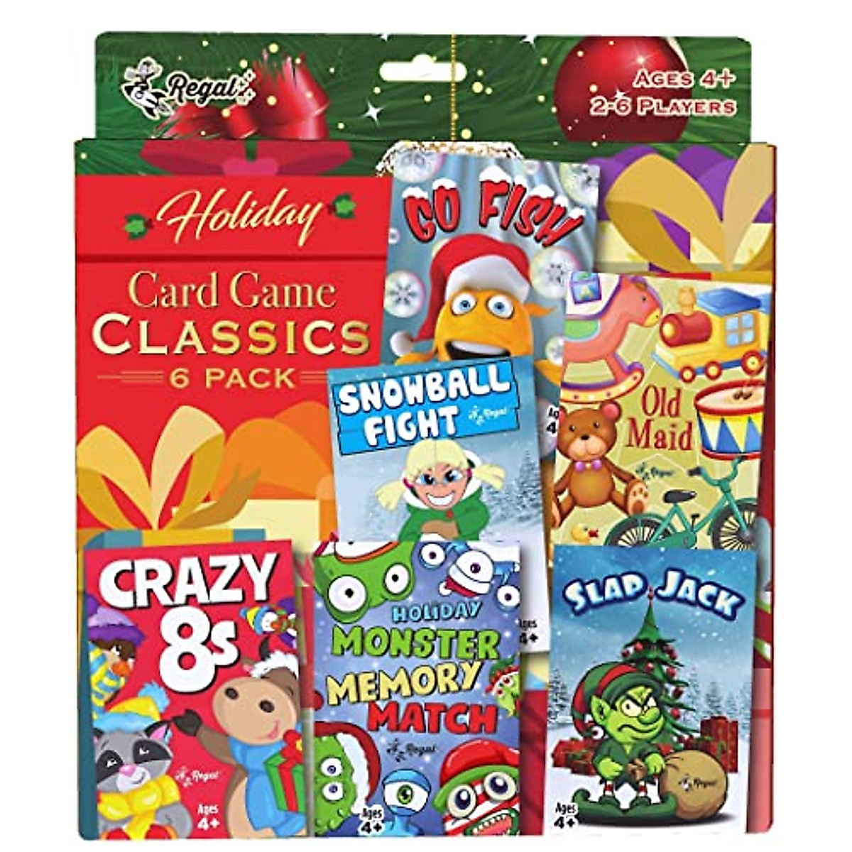 Regal Games - Kids Holiday Card Games - Includes Old Maid, Go Fish, Slapjack, Crazy 8's, Snowball Fight, and Holiday Monster Memory Match - for Family Game Nights, Parties - Set of 6 Games