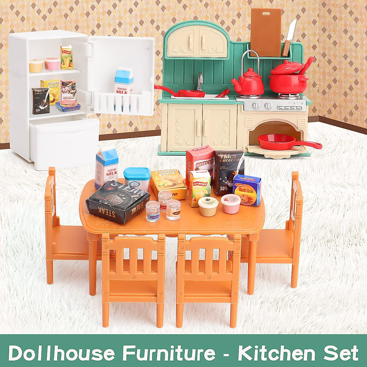 Dollhouse Furniture Set for Kids Toys Miniature Doll House Accessories Pretend Play Toys for Boys Girls & Toddlers Age 3+ with Kitchen