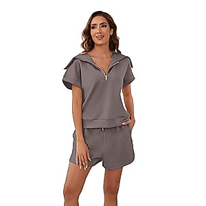 calbatic Women Casual Two Pieces Outfits Half Zip Lapel Collar Short Sleeve Sweatshirt High Waisted Shorts Tracksuit Sets