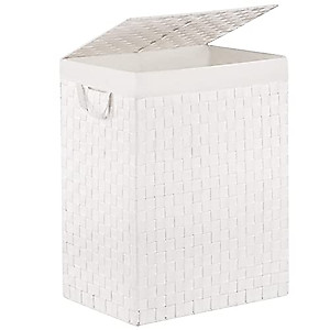 Fiona's magic Laundry Hamper Basket with Lid, Handwoven 90L Large Clothes Hamper with Removable Liner Bags, Collapsible White Tall Hamper for Bathroom, Bedroom and Dorm Room Organizer