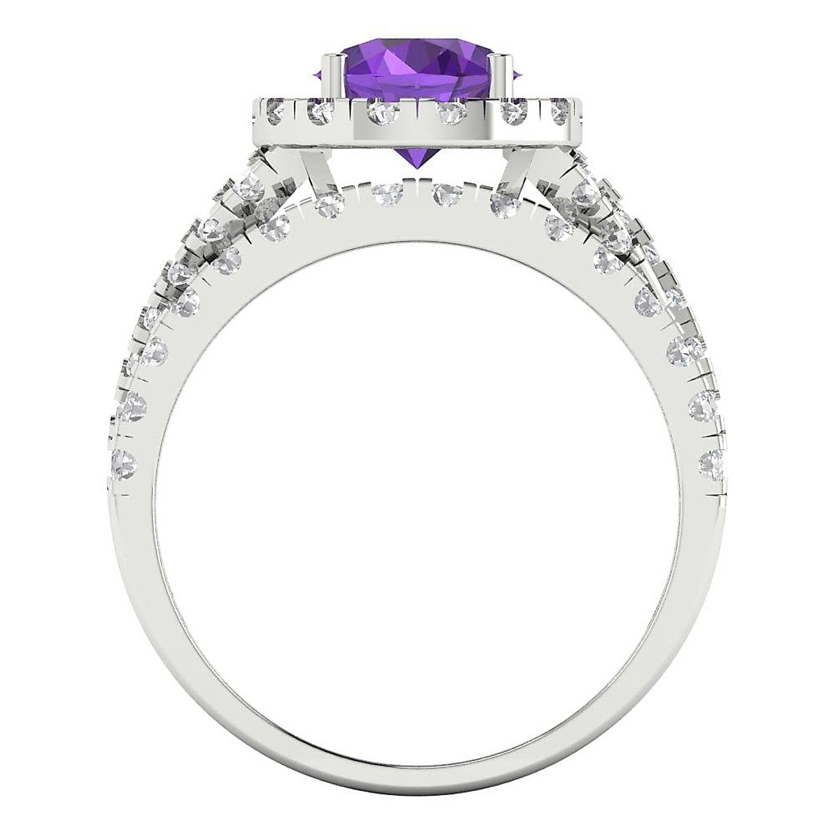 Clara Pucci 2.34 carat Round Shape Halo Solitaire Natural Amethyst Engagement Wedding Anniversary Bridal Ring band set 14k White Gold 6.5