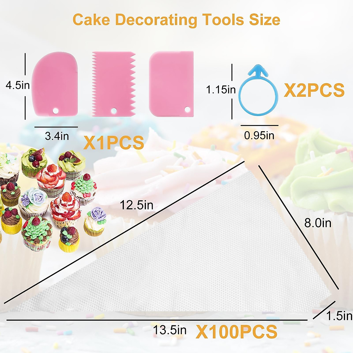 Piping Bags Disposable 100pcs, Leconico 12 Inch Thickened Pastry Bags, Anti Burst Frosting bags, Non-slip Icing Bags, Tipless Piping Bags with 2 Bag Ties 3 Cake Scraper for Royal Icing/Cake Decorating