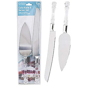 2 Pc Wedding Cake Serving Server Set Stainless Steel Knife Faux Crystal Handle, Silver