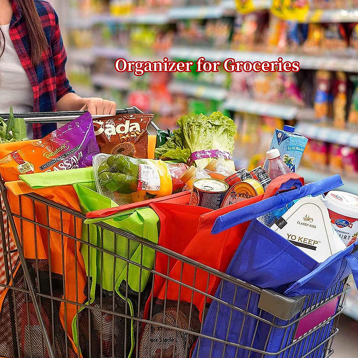 Haiphisi Trolley Bags-4 Pack Reusable Grocery Shopping cart Bags for Groceries with Cooler Bag Egg bags-Easy to Use and Heavy Duty-Cart Daddy(Orange,Green,Red,Blue)