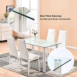4HOMART 5 PCS Kitchen Table Set Modern Tempered Glass Top Table and PU Leather Chairs with 4 Chairs Dining Room Furniture White