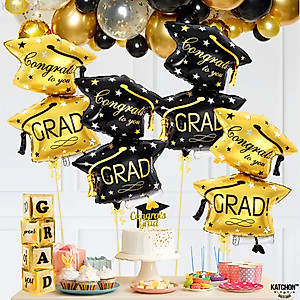 KatchOn, Black and Gold Graduation Hat Balloon - Big, 32 Inch, Pack of 4 | Congrats Grad Balloons | Graduation Balloons Class of 2024, Graduation Cap Balloon | Graduation Decorations Class of 2024