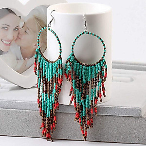 Happyyami Fringe Tassel Dangle Earrings Ethnic Boho Bead Ear Jewellery for Women Girls Ladies