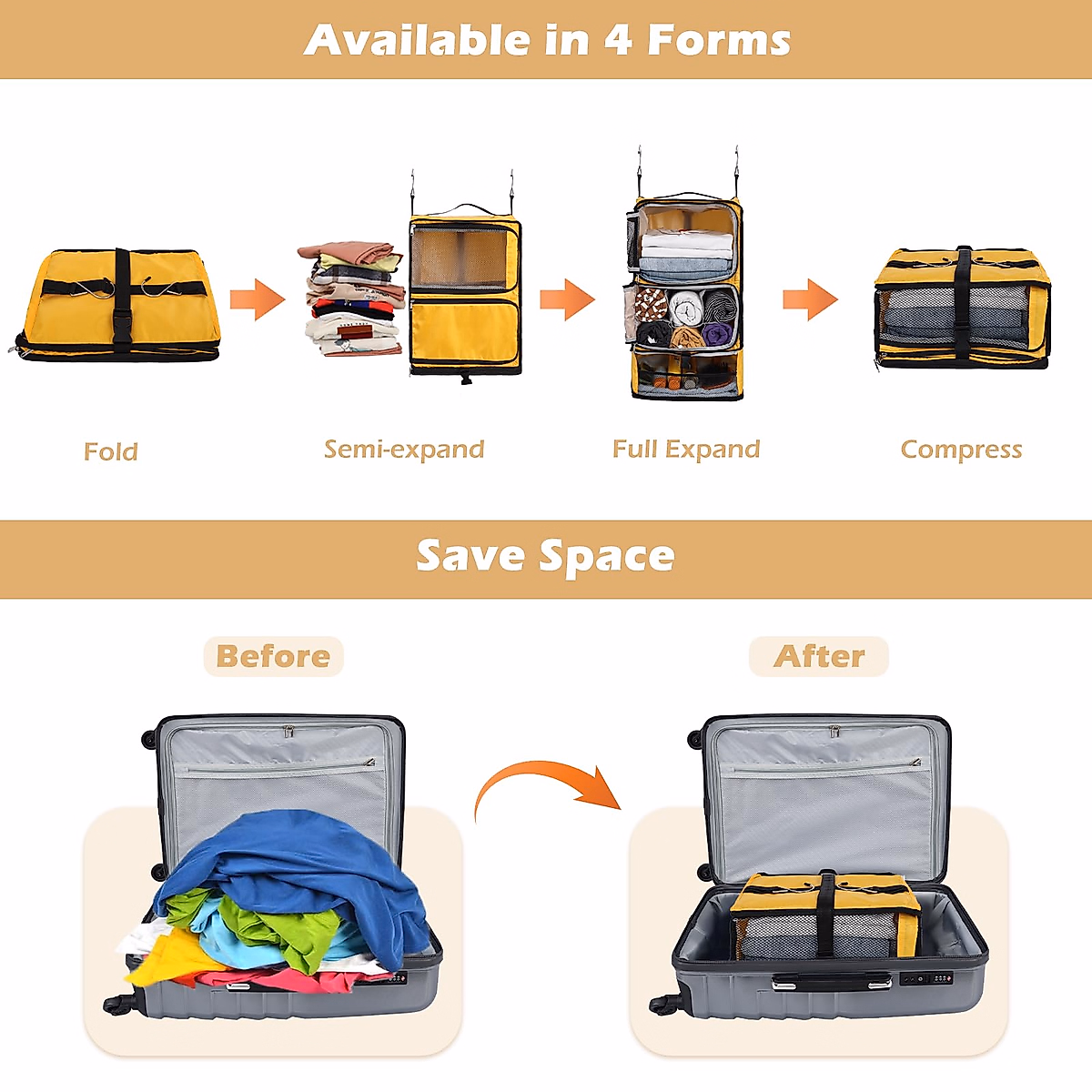 Surblue Hanging Shelves Travel Compression Packing Cube for Carry-on Luggage Suitcase Collapsible Transformable Garment Closet Organizers Large Capacity, Yellow, XL