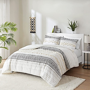 Hyde Lane Farmhouse Bedding Comforter Sets, Ivory Full/Queen Size Boho Bed Set,Cotton Top with Modern Neutral Style Clipped Jacquard Stripes, 3-Pieces Including Pillow Shams (90x90 Inches)