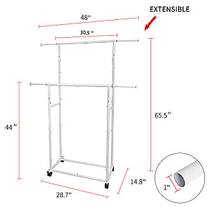 Fishat Simple Standard Double Rod Clothing Metal Garment Rack, Rolling Clothes Organizer on Lockable Wheels (White)