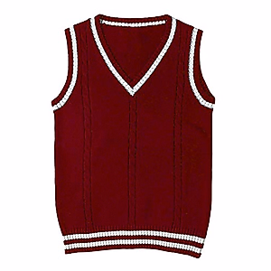 Gihuo Women's V Neck Sweater Vest Uniform Cable Knit Sleeveless Sweater (Wine, Small)