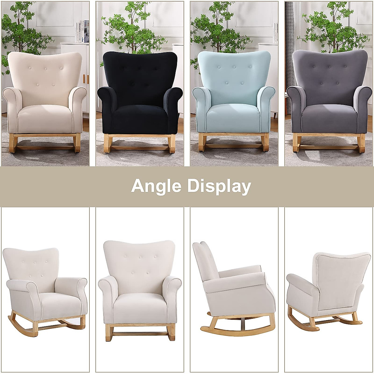 Nursery Rocking Chair, Mid Century Uplostered Glider Rocker Armchair with High Backrest, Rocking Accent Chair Single Sofa Accent Glider Rocker for Living Room Bedroom Offices (Round, Beige)