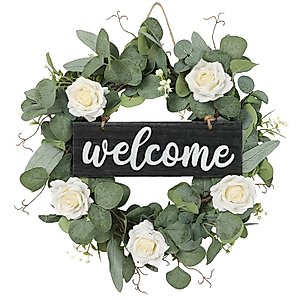 Dremisland Welcome Wreath for Front Door,18 Inch Artificial Rose Eucalyptus Leaves Wreath,Floral Garland Wreath for Window Garden Festival Celebration Wedding Home Decor (Black)