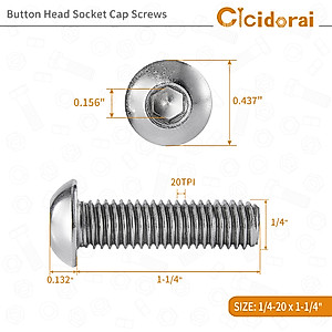 Cicidorai 1/4-20 x 1-1/4" Button Head Socket Cap Screws Bolts, 304 Stainless Steel 18-8, Allen Socket Drive, Bright Finish, Full Machine Threads, Quantity 50
