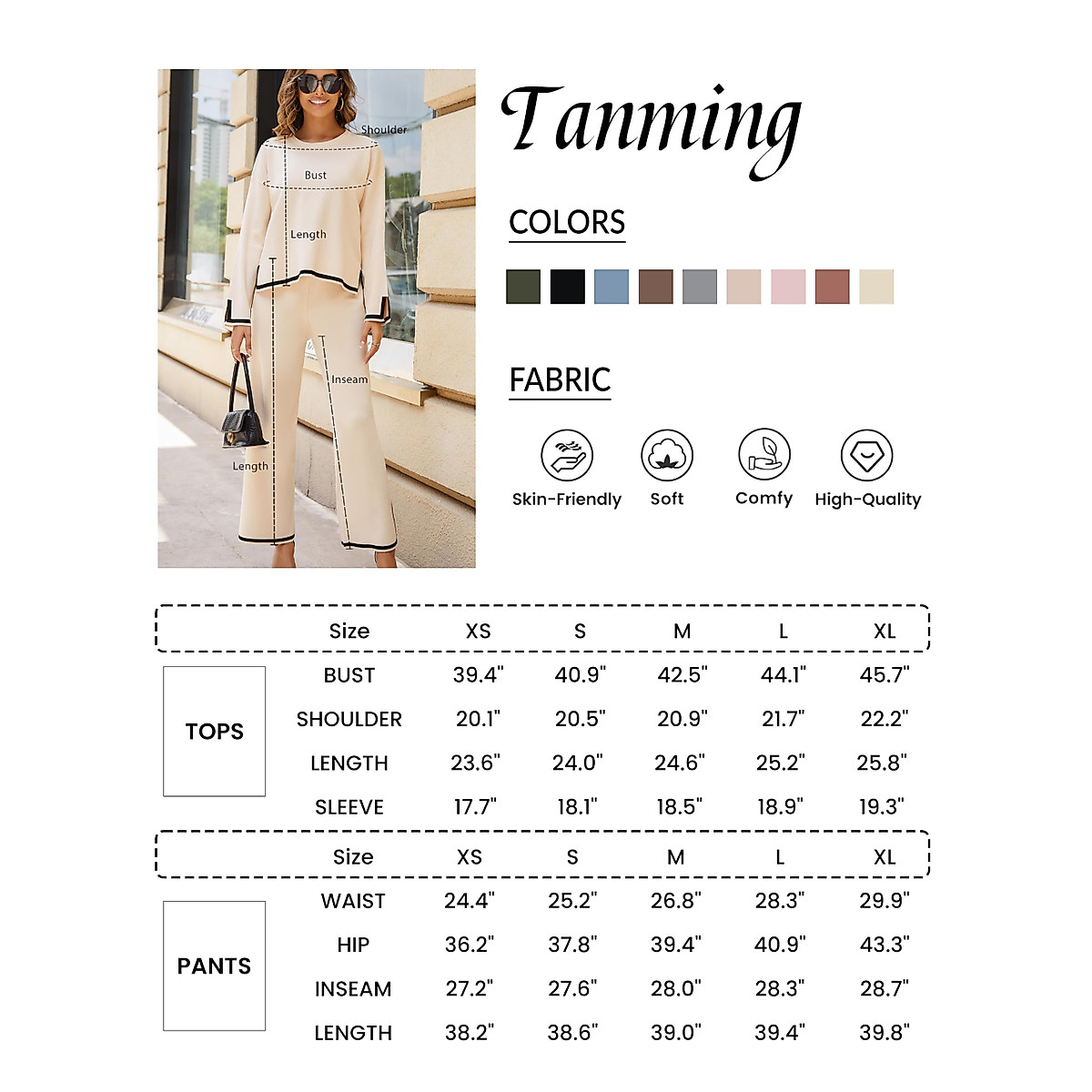 Tanming Women's 2 Piece Outfits Long Sleeve Knit Sweater Top Wide Leg Pants Lounge Sets Tracksuits (Apricot-M)