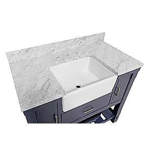Charlotte 42-inch Farmhouse Bathroom Vanity (Carrara/Marine Gray): Includes Marine Gray Cabinet with Authentic Italian Carrara Marble Countertop and White Ceramic Apron Sink