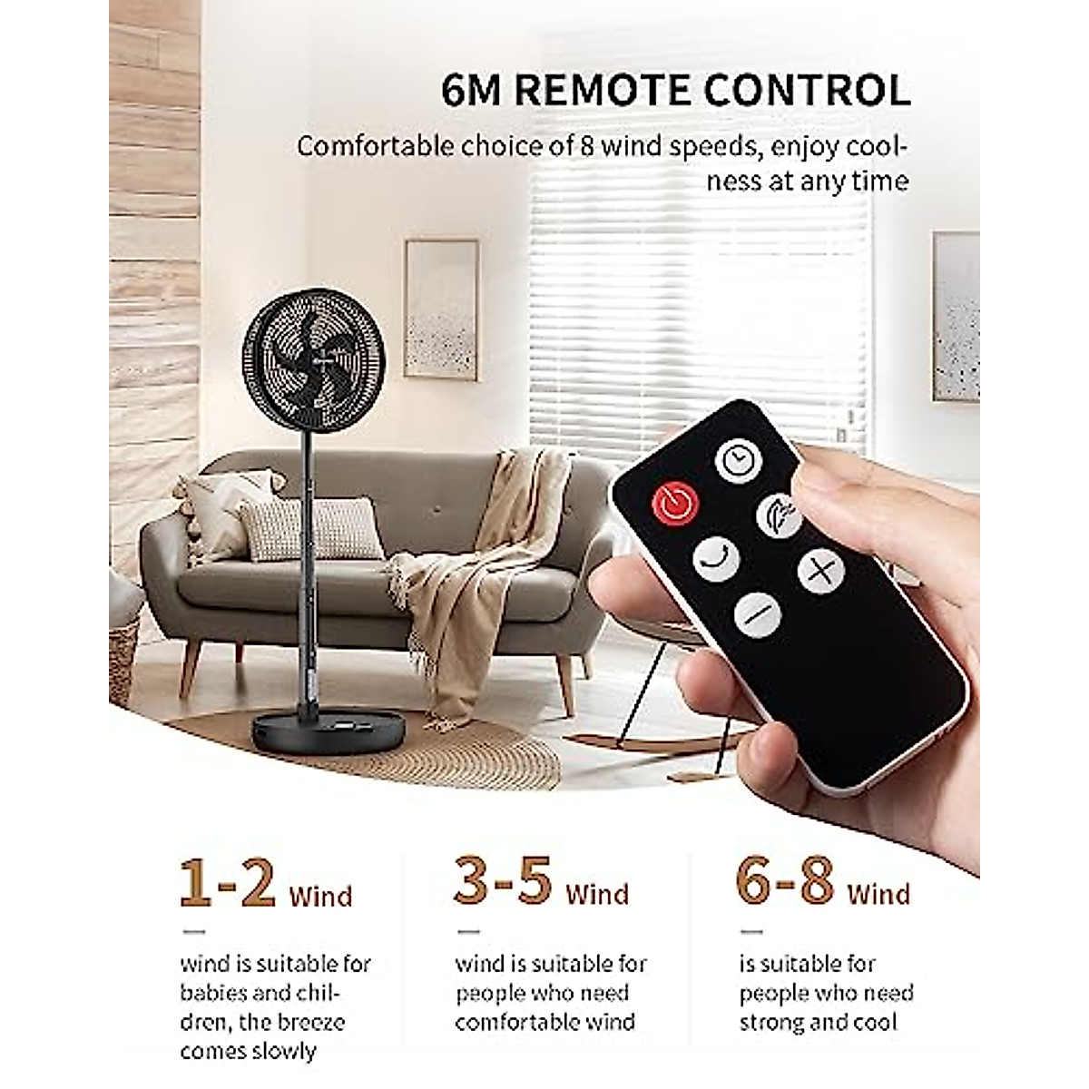 EasyAcc 12'' Portable Foldable Oscillating Standing Fan, Remote Control Rechargeable Fans for Home,10000 Battery Operated Fan with Adjustable Height, 8 Speed, Timer, Quiet Fan for Bedroom Camping