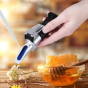 Brix Refractometer Meter, Triple Scale Honey Tester (Water Content: 12-27%, Brix: 58-90%, Be': 38-43), Handheld Honey Refractometer for Honey, Maple Syrup, Molasses & Bee Keeping