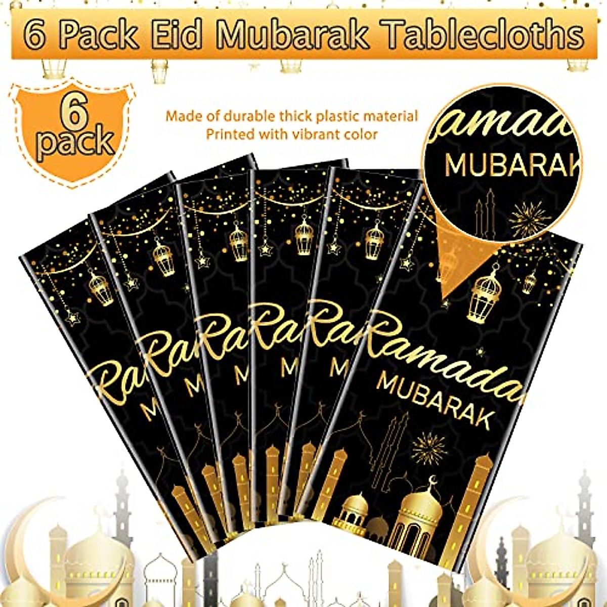 6 Pack Ramadan Plastic Tablecloth Decorations for Home, Eid Mubarak Ramadan Disposable Table Cover Decorations, Muslim Happiness Ramadan Eid Al-fitr Table Cloths for Ramadan Party Supplies, 54x108Inch
