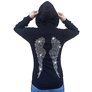 Interstate Apparel Inc Juniors Huge Angel Wings Rhinestone Thermal Zipper Hoodie Black S-XL (L (Juniors), Black)