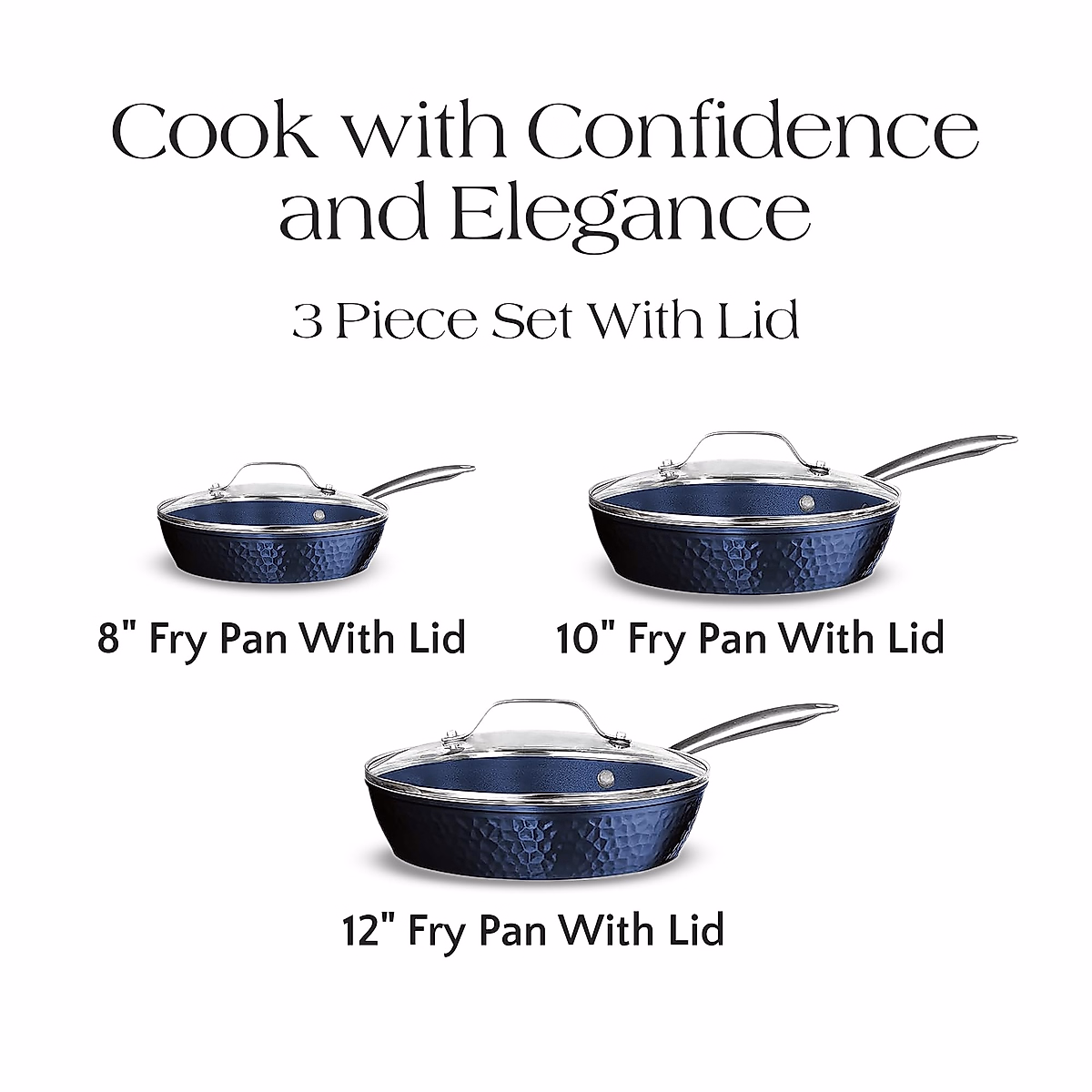 OrGreenic Blue Hammered Collection - Non-Toxic, Non-Stick Ceramic 3 Piece Cookware Set with Glass Lids, Scratch-Resistant, Oven Safe with Upgraded Handles, Safe Pan for All Stovetops