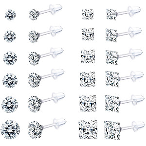 EIELO 12Pairs Clear Plastic CZ Studs Earrings for Women Men Acrylic Post Hypoallergenic Stud Earring Round Square CZ Rhinestone Ear Studs Piercing Retainers