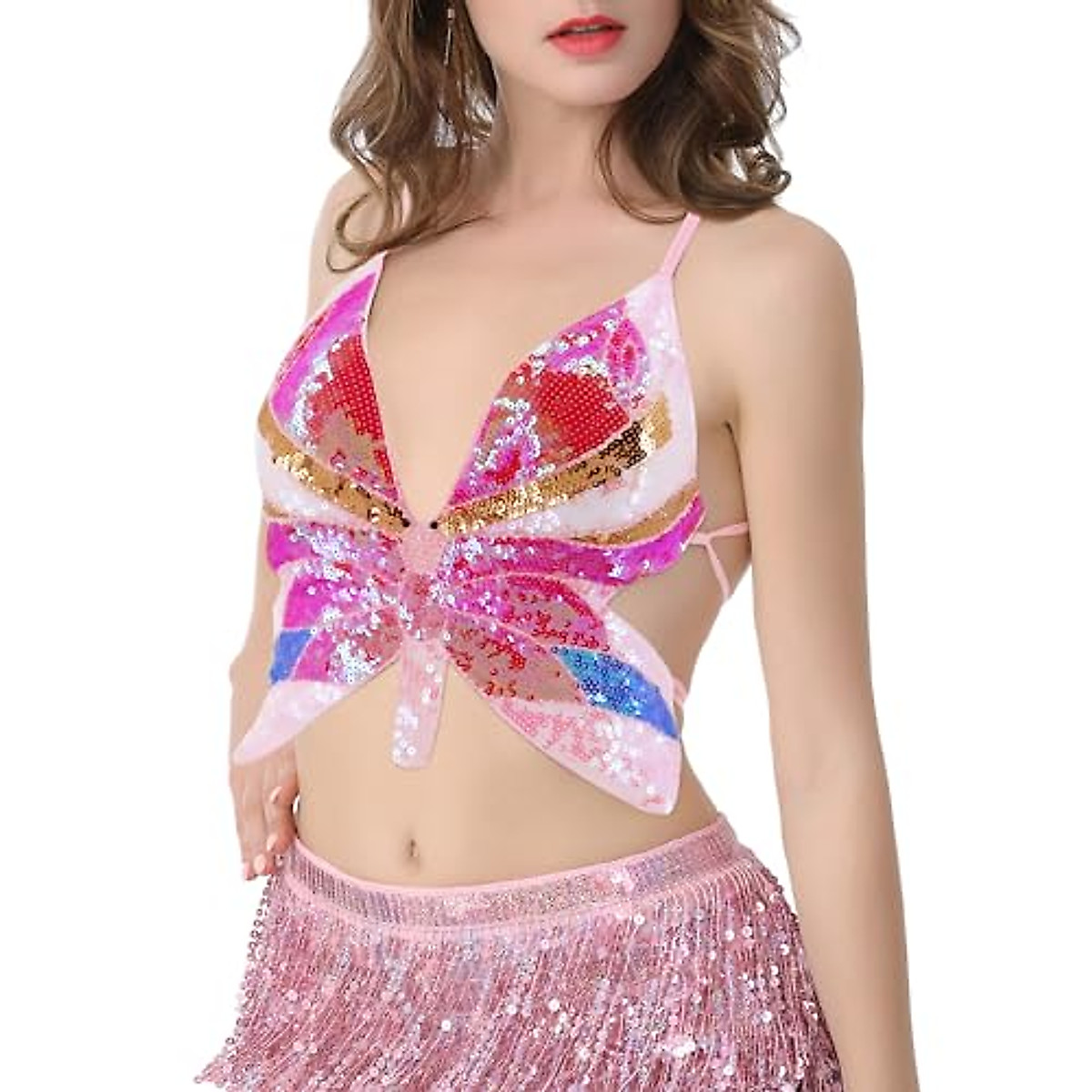 Haoohu Women's Sparkle Butterfly Sequin Crop Top Rave Party Top Shirts