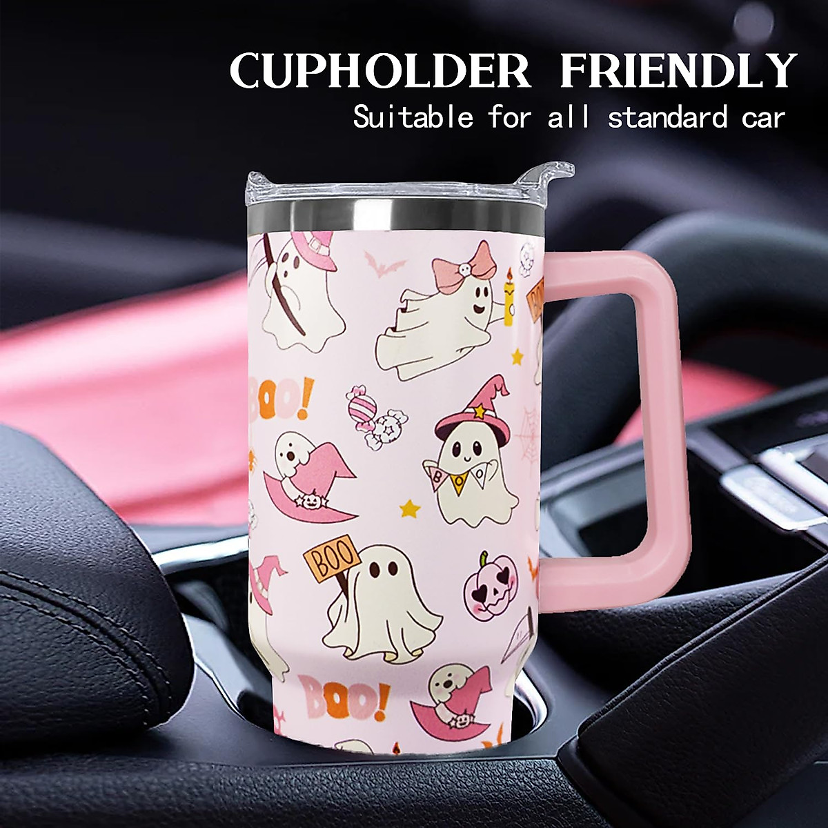 wmvhdiw 30 oz Pink Boo Tumbler Insulated Stainless Tumbler,Halloween Goth Ghost Travel Coffee Cup Water Botter, Witch Goth Decor Halloween Gifts For Women