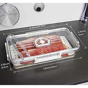 Bacon Storage Container with Air-sealed Tight Lid for Fridge Bacon Holder Deli Meat Cheese Keeper with Food Serving Tongs and Drain Plate for Refrigerator