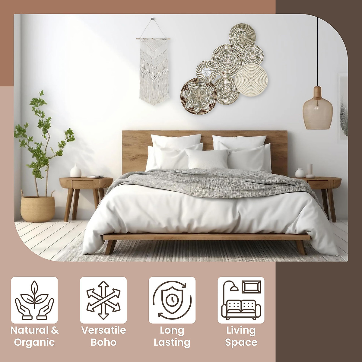 BOHO11 Boho Wall Decor Handcrafted Seagrass Boho Baskets Large Rustic Farmhouse Wall Decor; Round Woven Wicker Above Sofa or Bed Wall Decor (SeaVibe BOHO)