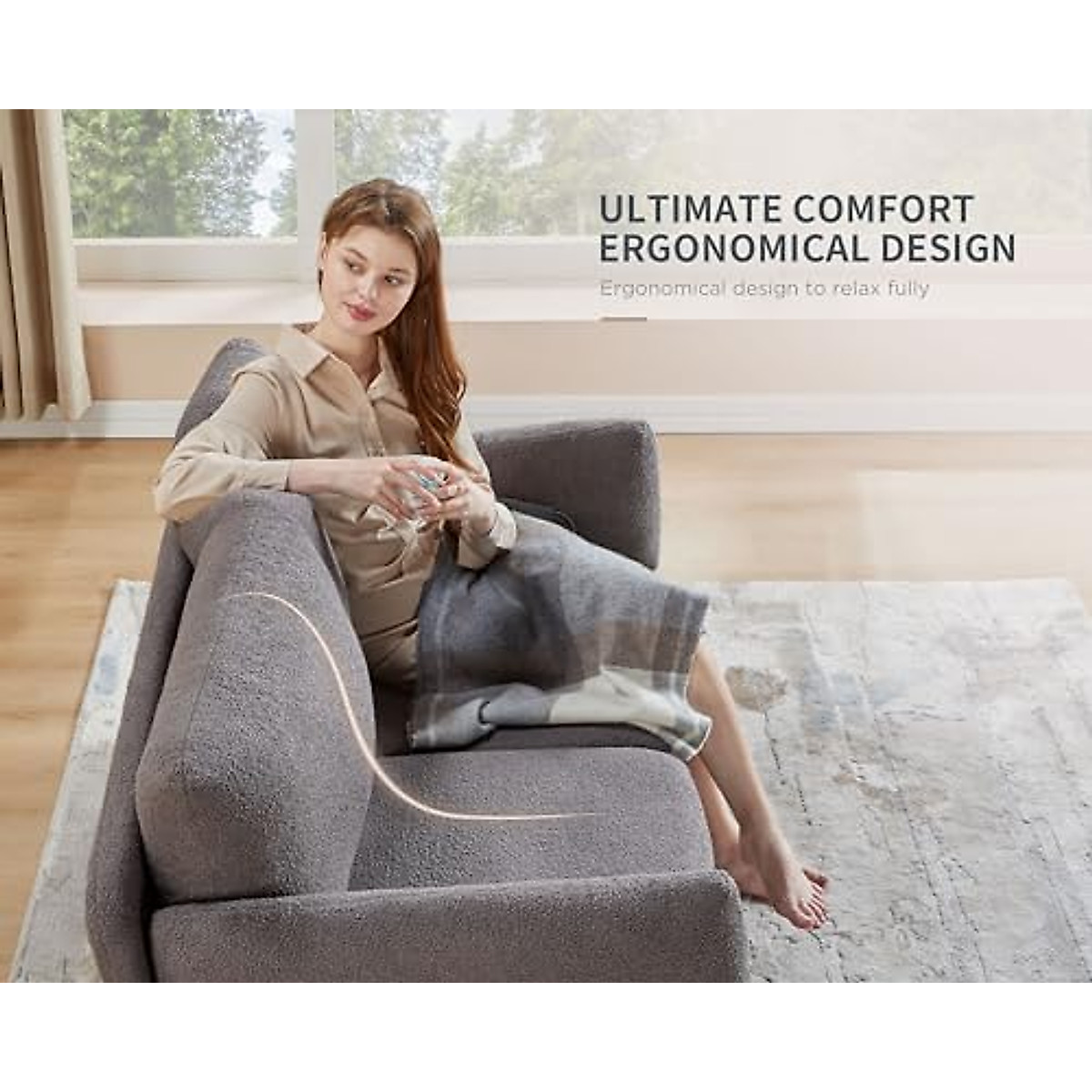 VanAcc Couch, Modern Sofa- Comfy Sofa Couches with Embedded Armrest, 3-Seater Couch for Living Room, Grey Bouclé