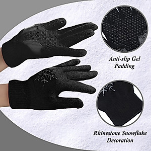 Jiuguva 3 Pairs Ice Skating Gloves Figure Skating Accessories Gloves with Snowflake Rhinestone Knit Gloves for Kid Girl (Black, White, Pink)
