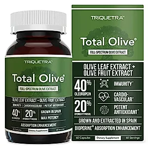 Total Olive® - Olive Leaf Extract (40% Oleuropein) Plus Olive Fruit Extract (20% Hydroxytyrosol) – Full Spectrum Extract Grown & Extracted in Spain – BioPerine Absorption Enhancement (60 Count)