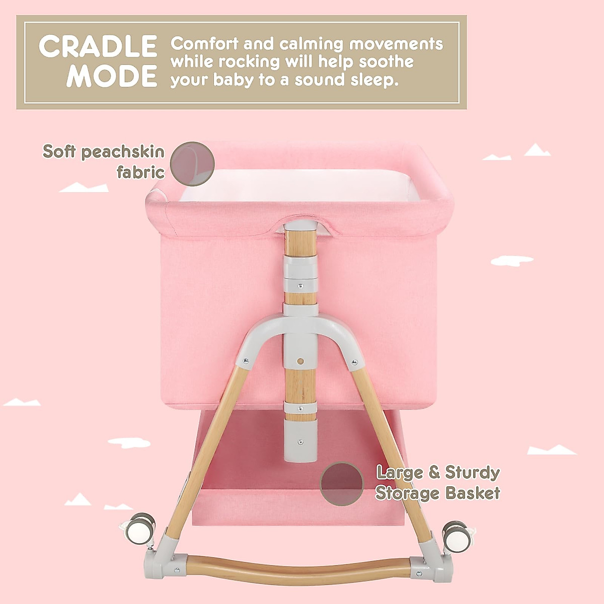 HARPPA Cuddly 3 in 1 Baby Bassinet Bedside Sleeper(Mosquito Net Included), Five-Position Adjustable Bedside Crib with Storage for Newborns, Portable Bassinet with Anchor Strap (Wood Grain, Pink)