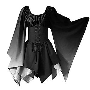 Halloween Dresses for Women, Long Sleeve Midi Dress 40S Style Dresses Women A is Adley Dresses Retro Court Dress Gothic Vintage Lace Dress White Bell Dress Witch Irish Costume (M, Black)