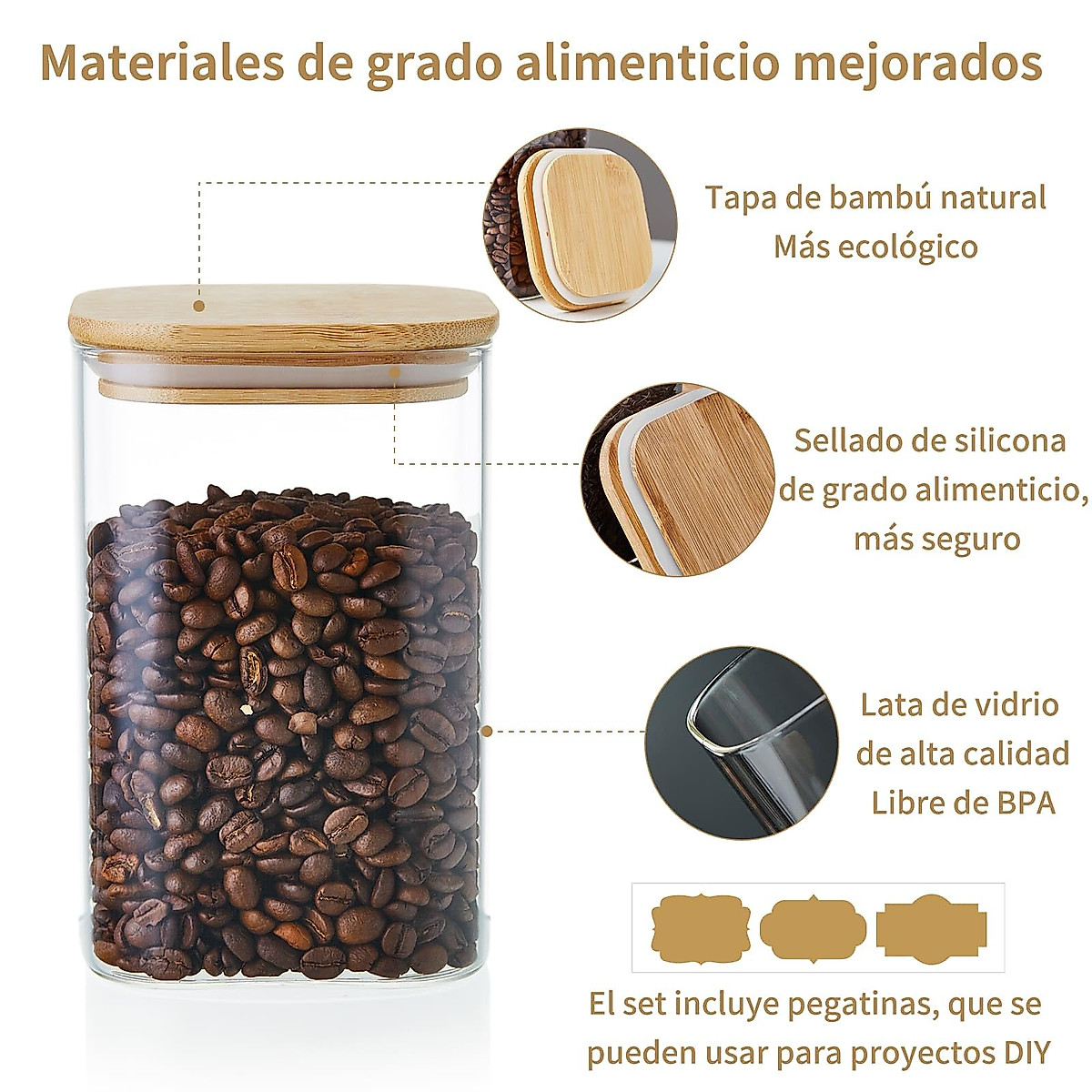 Unbreakable Overnight Oats Containers with Lids, Set of 5 Airtight Glass Jars with Bamboo Lids, Glass Food Storage Canisters for Cookie, Candy, Coffee Bean, Sugar, Spices, Dry Goods, Transparent