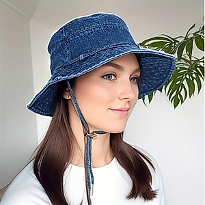AICHUAN Bucket Hat for Women Men Wide Brim Sun Hat Packable Cotton Denim Summer Beach Travel Outdoor Fishing Cap Dark Blue